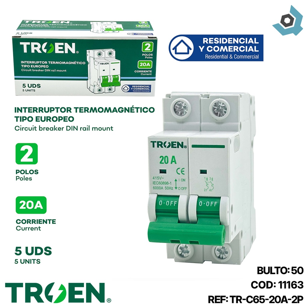 BREAKER TERMOMAGNETICO 20A 2P TIPO EUROPEO TROEN | Litani Import Export